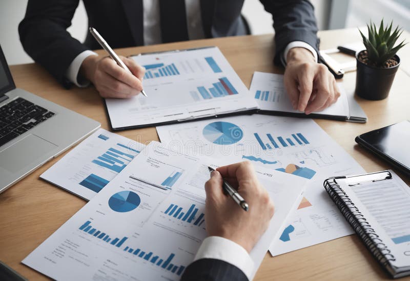 Two Professionals Analyzing Various Charts, Graphs, and Reports during ...
