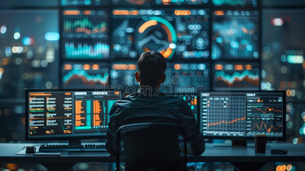 Business Analyst Conducting Data Analysis with Multiple Screens in a ...