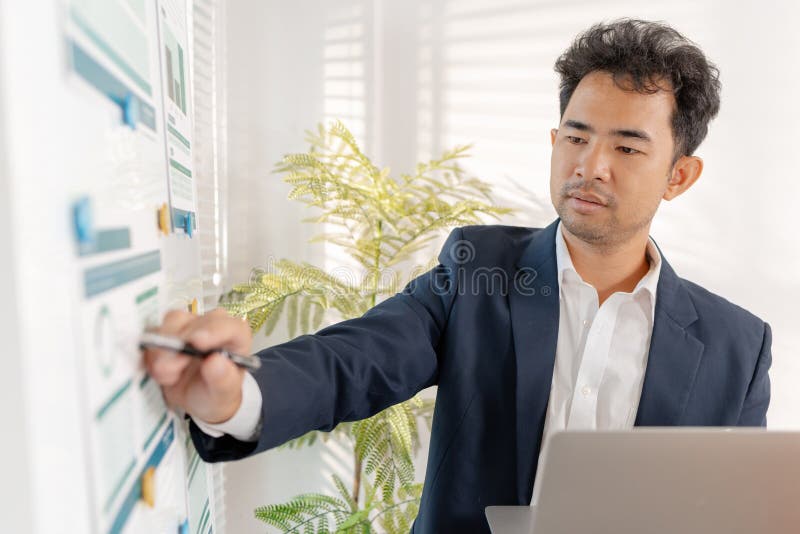 A Business Analyst Examining Charts and Statistics on a Whiteboard, Using Data-driven Insights ...