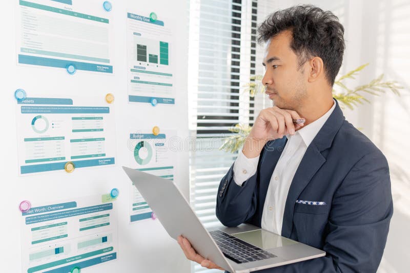 A Business Analyst Examining Charts and Statistics on a Whiteboard, Using Data-driven Insights ...