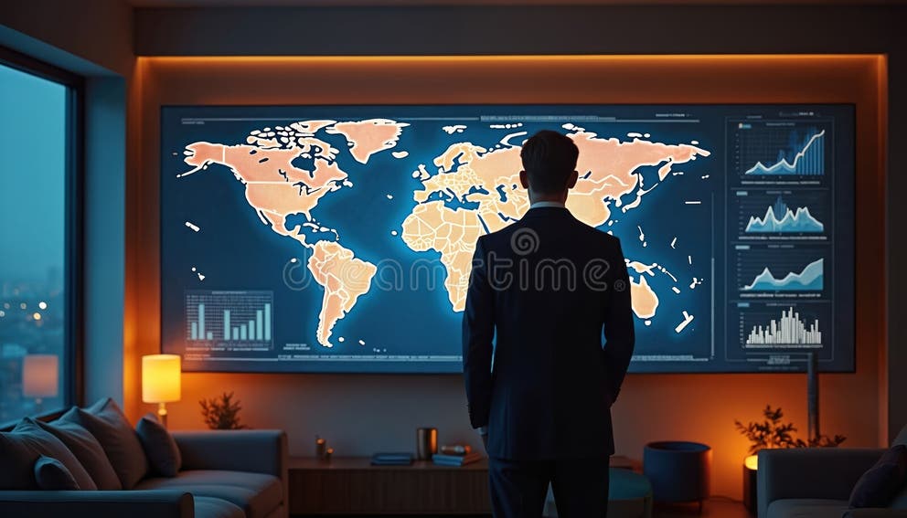Business Analyst Looking at Big Data Analysis World Map with Charts on ...