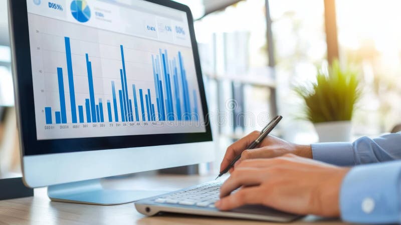 Business Analyst Reviewing Data Analytics on Computer Screen Stock ...