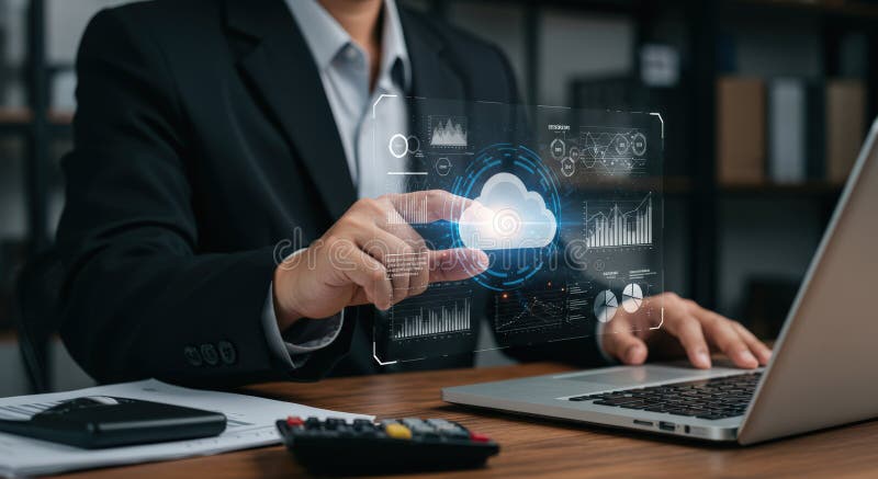 Business Analyst Reviews Cloud Computing Data with Holographic Charts ...