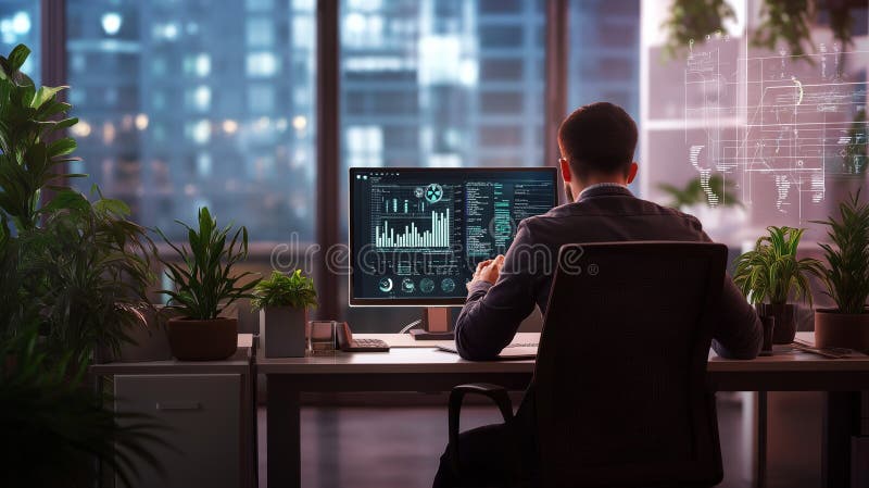 A Business Analyst, Seated at a Desk, Interacting with a Holographic ...
