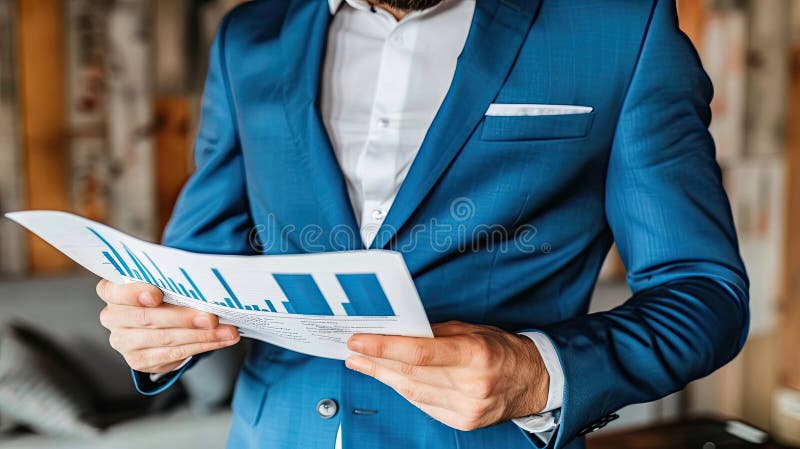 Business Analyst. Study of Financial Statements. Man in Suit Working on ...