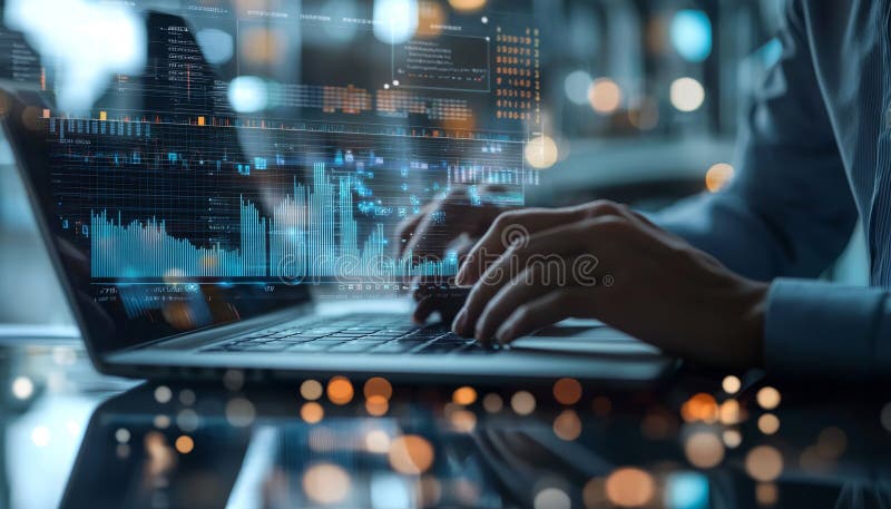 Business Analyst Working on Laptop with Financial Data Projections ...