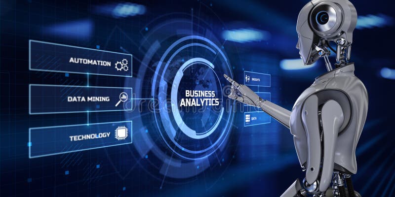 Business Analytics Automation Concept. Robot Pressing Button on Screen ...