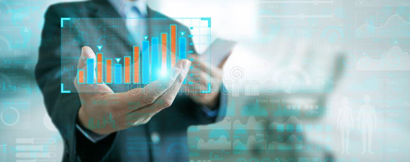 Business Analytics and Data Management System. a Businessman Holds and ...