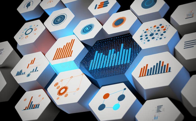 Business Analytics and Data Science Concept with Graph & Chart Icons on 3D Hexagonal Grid ...