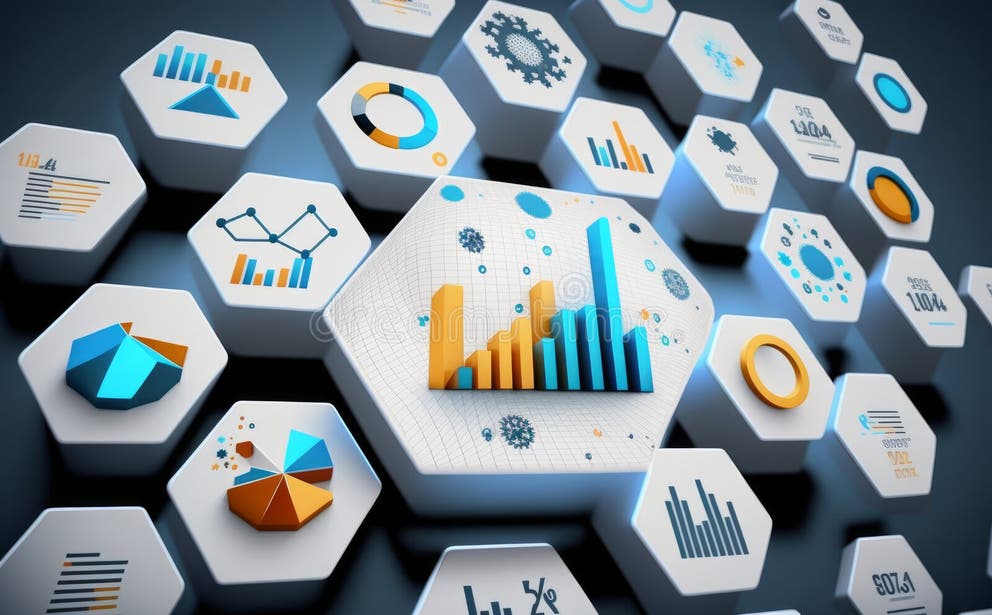 Business Analytics and Data Science Concept with Graph & Chart Icons on 3D Hexagonal Grid ...