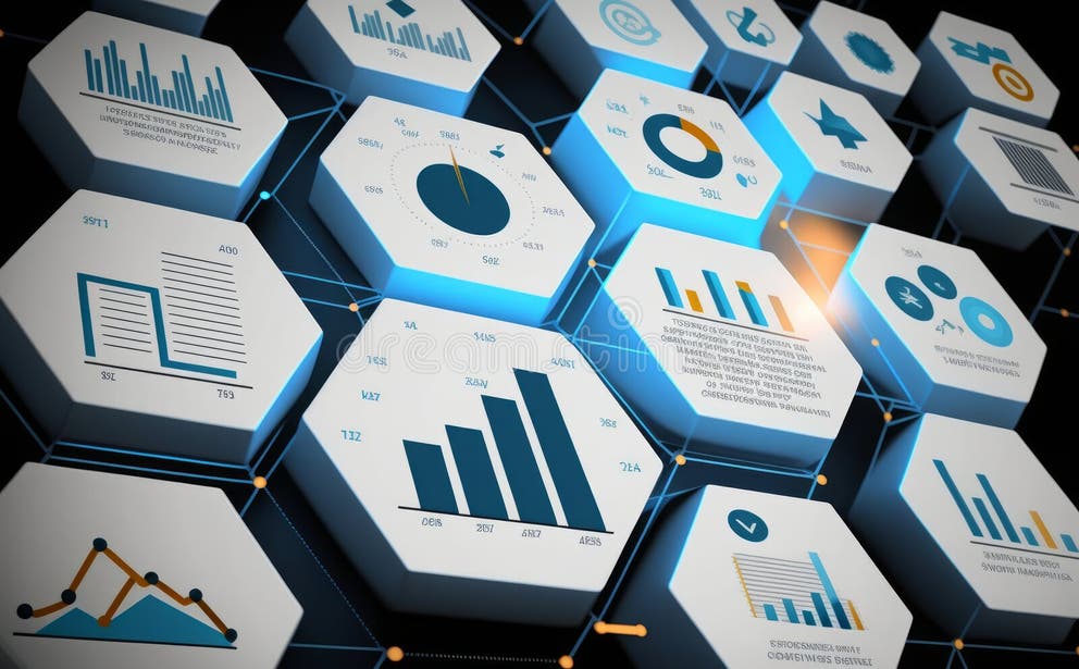 Business Analytics and Data Science Concept with Graph & Chart Icons on 3D Hexagonal Grid ...