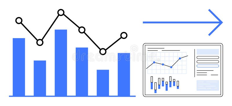 Business Analytics Display with Bar and Line Graphs, Data Report and ...
