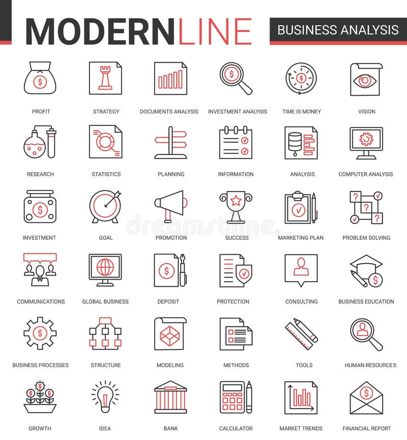 Business Analytics Flat Thin Red Black Line Icons Vector Illustration ...