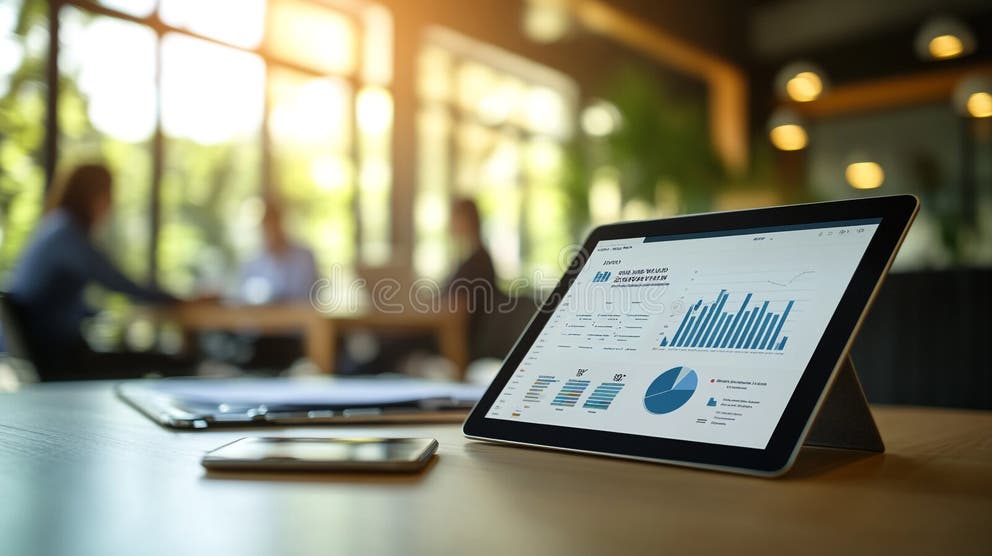 Business Analytics Tablet Data Graphs Charts Office Workplace Meeting ...