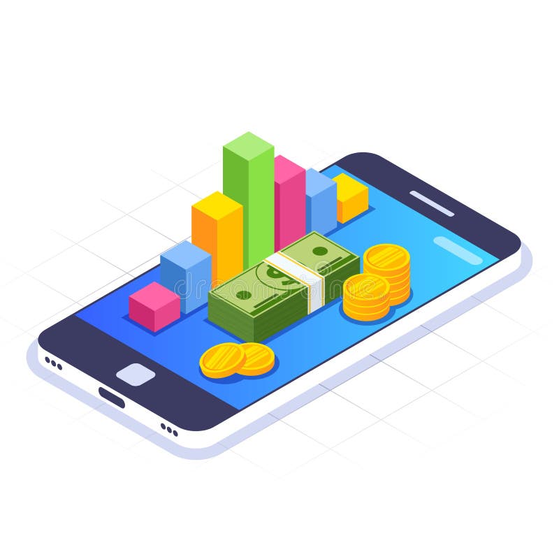 Business Analytics Via Mobile Phone. Money Stack and Chart on Device ...