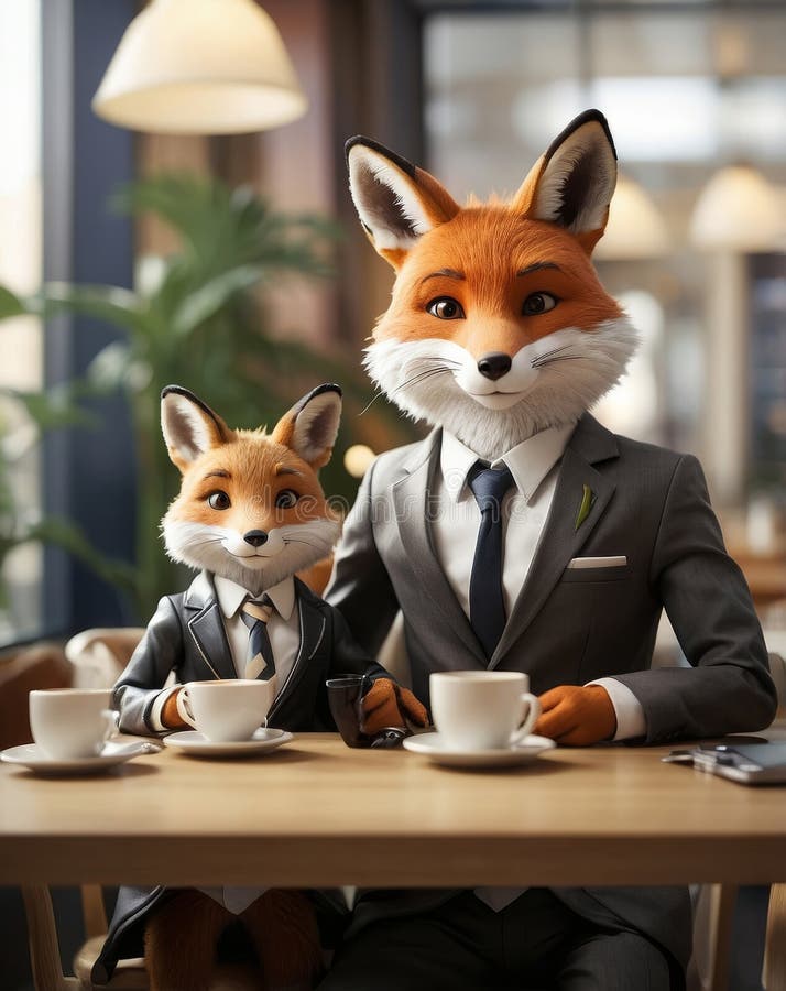 Business Animals Coffee Meeting: Fox and Rabbit 3D Render ...
