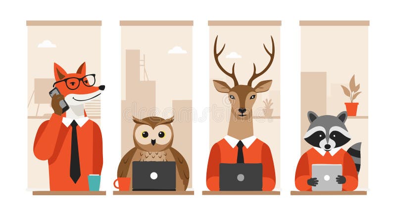 Business Animals Working with Laptops and Tablet in Office Vector ...