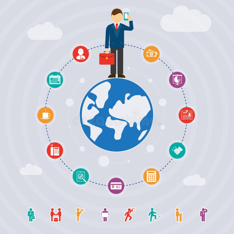 Business Man Run Around the World. Vector Flat Cartoon Illustration ...