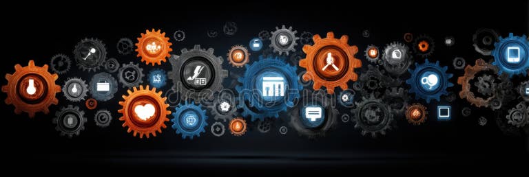 Business Automation Gear System Displaying Various App Icons for ...