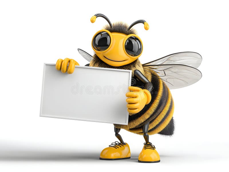 Business Bee Mascot 3D Character Holding a Sign Stock Illustration ...