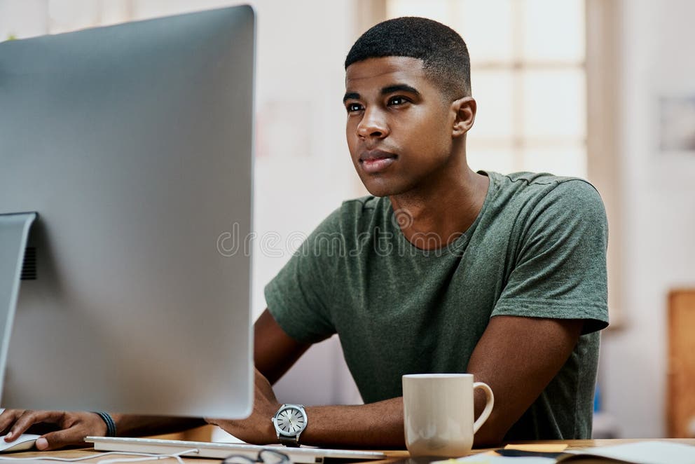 Business, Black Man and Computer for Reading Email, Research or Post ...