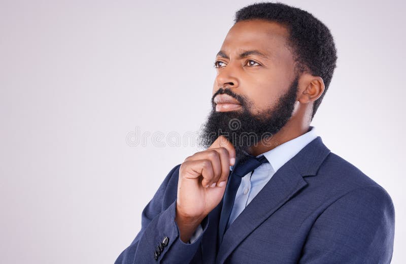 Business, Black Man and Thinking in White Background of Ideas, Question and Remember on Mockup ...