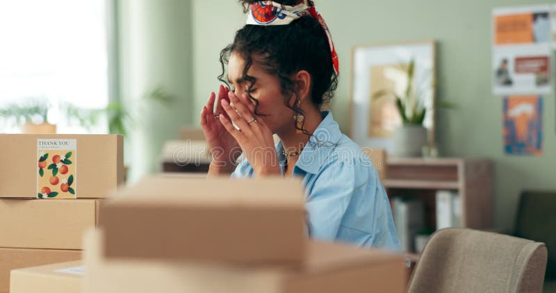 Headache Burnout And Exhausted Indian Woman In Call Center Overwhelmed