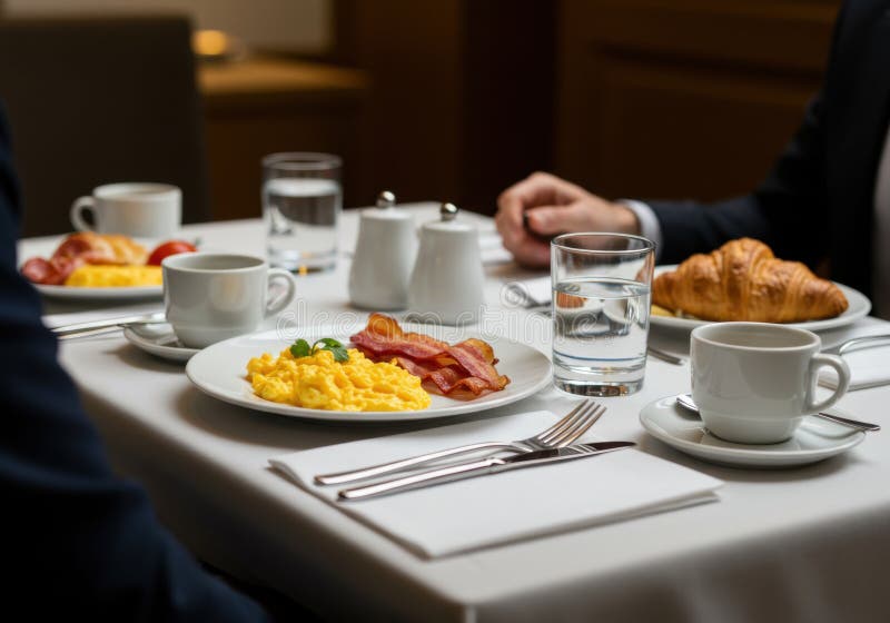 Business Breakfast Meeting with Scrambled Eggs and Croissants in a Cozy ...