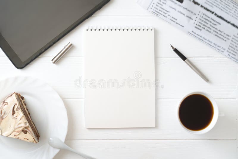 Business Breakfast. on the Table Layout Notebook, Tablet, Coffee, Cake ...