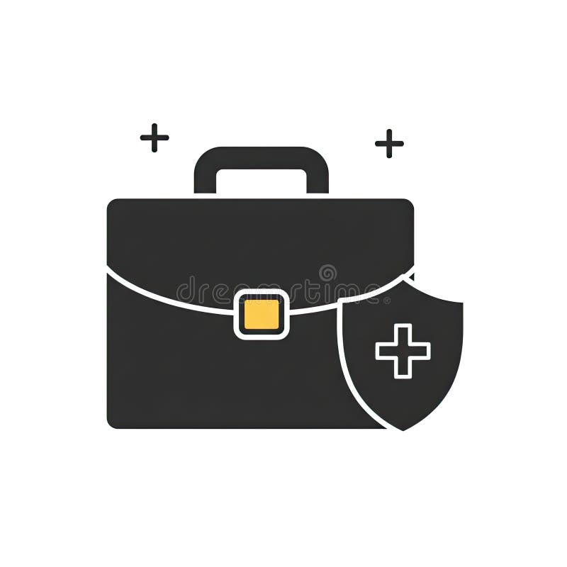 Business Briefcase Icon with Plus Symbol and Secure Shield Stock Vector ...