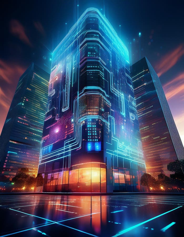 Business Building with Holographic Security Interface, Representing ...