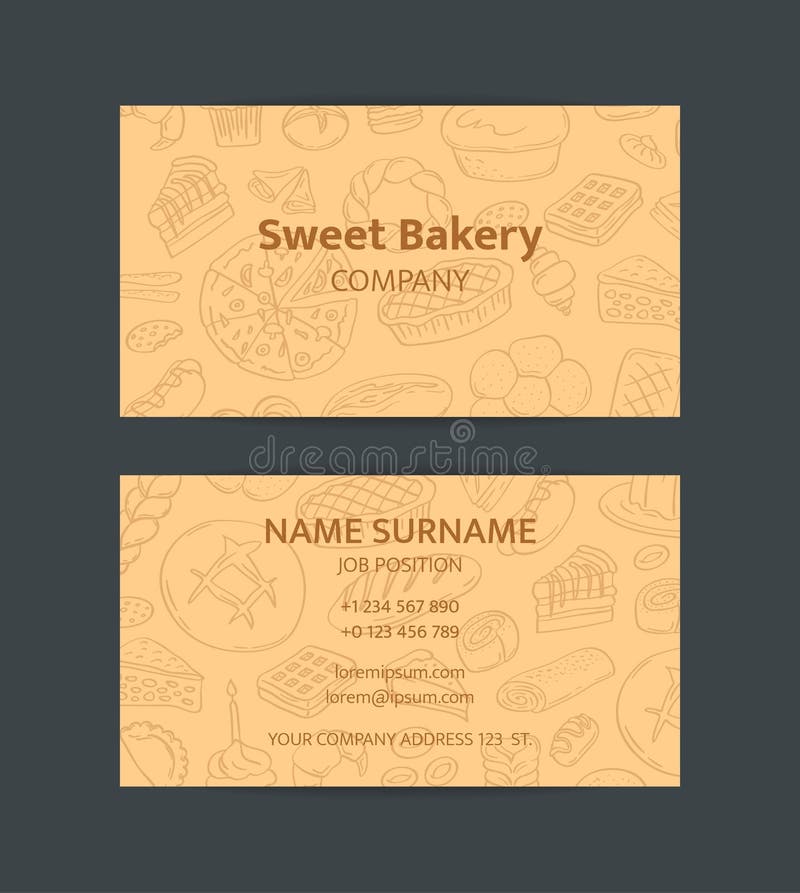Business Card Template with Hand Drawn Doodle Bakery Elements for ...