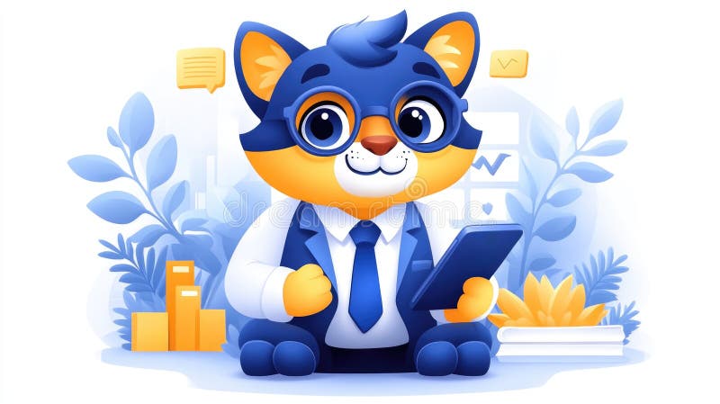 Business Cat Cartoon Analyzing Data with Tablet in Office Environment ...