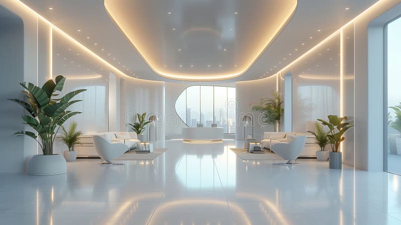Business Center Interior: White Tones, Modern Workspace Stock Photo ...