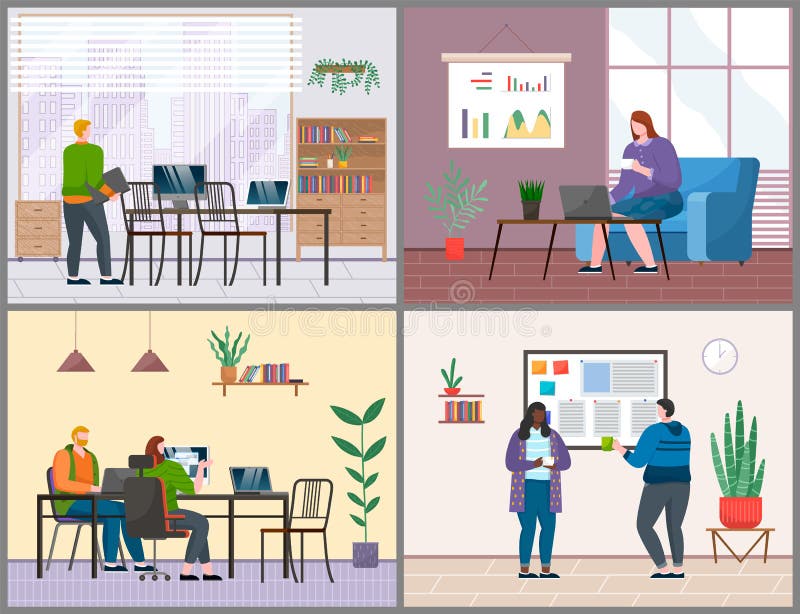 Business Characters Working at Their Workplaces, Communicating, Common ...