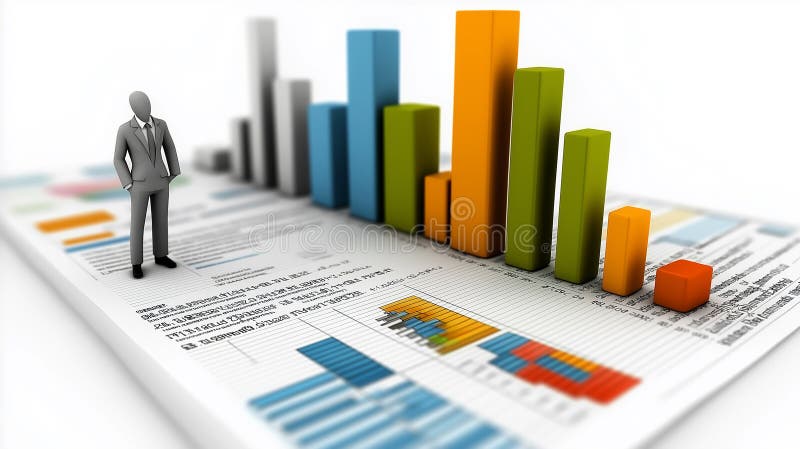 Business Chart with Bar Graphs and a Tiny Figure Standing beside it ...