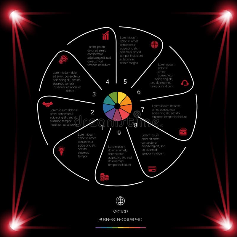 Circle Lines Infographic 9 Positions Dark Background with Red Li Stock ...