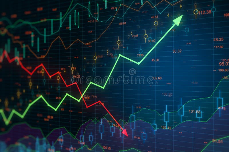 Business Chart Screen with Green and Red Arrows and Financial Graphs ...