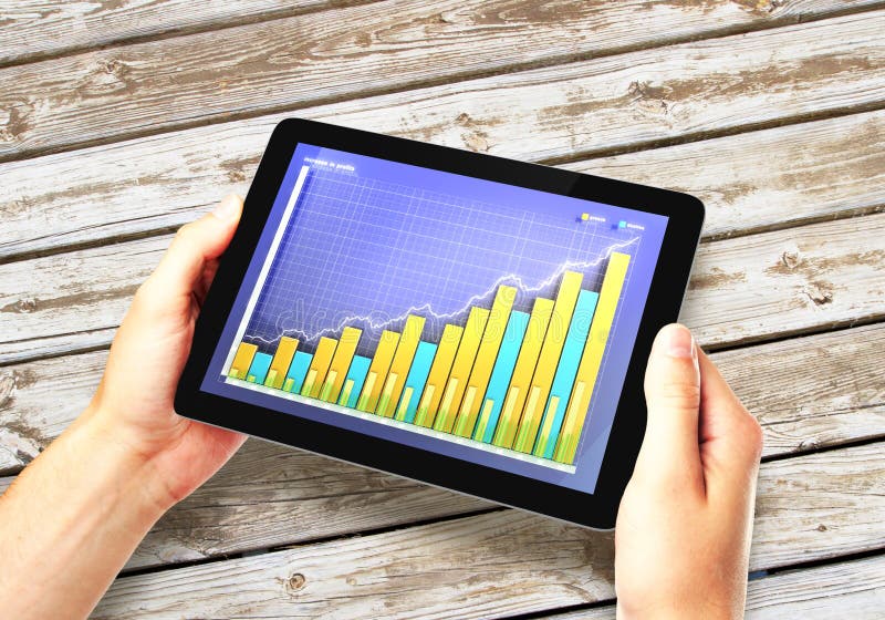 Business Chart on the Screen of Tablet with Hands on the Wooden Stock ...