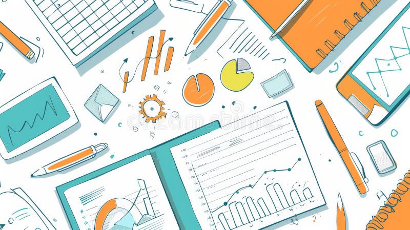 Business Charts and Graphs with Orange and Blue Stationery on a Desk ...