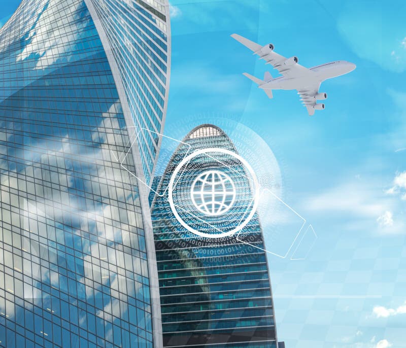 Business City with World Map and Jet Stock Illustration - Illustration ...