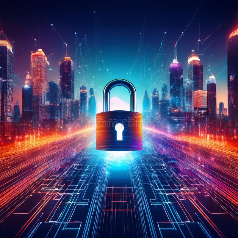 Business Cityscape with Digital Padlock Overlay, Symbolizing Secure ...