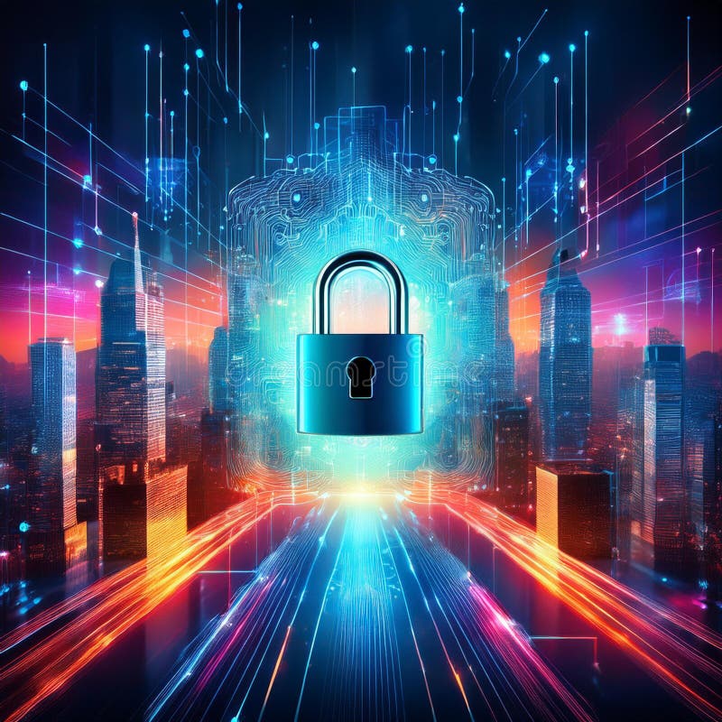 Business Cityscape with Digital Padlock Overlay, Symbolizing Secure ...
