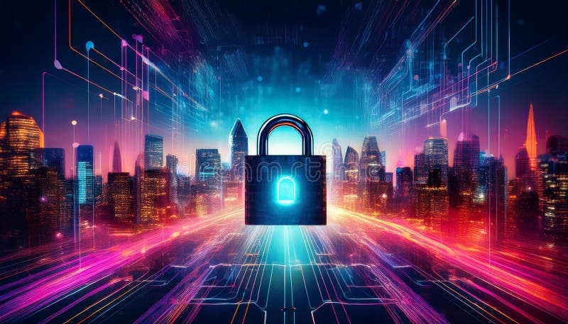 Business Cityscape with Digital Padlock Overlay, Symbolizing Secure ...