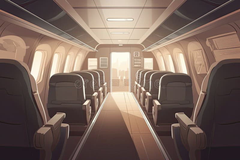 Business Class In Plane Empty Interior Private Jet Or Luxury Airplane Cabin Inside View With