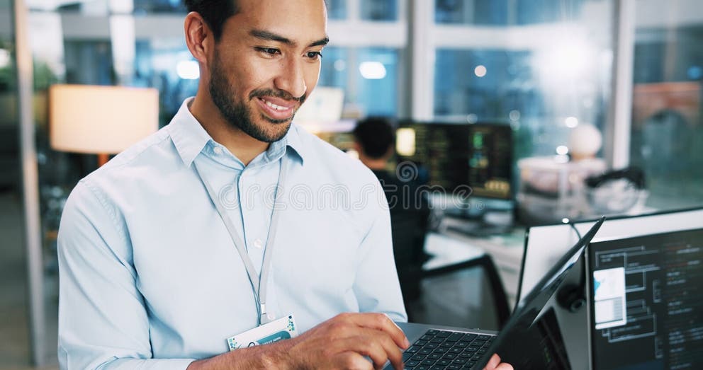 Business, Coding and Man in Office, Laptop and Software Update with ...