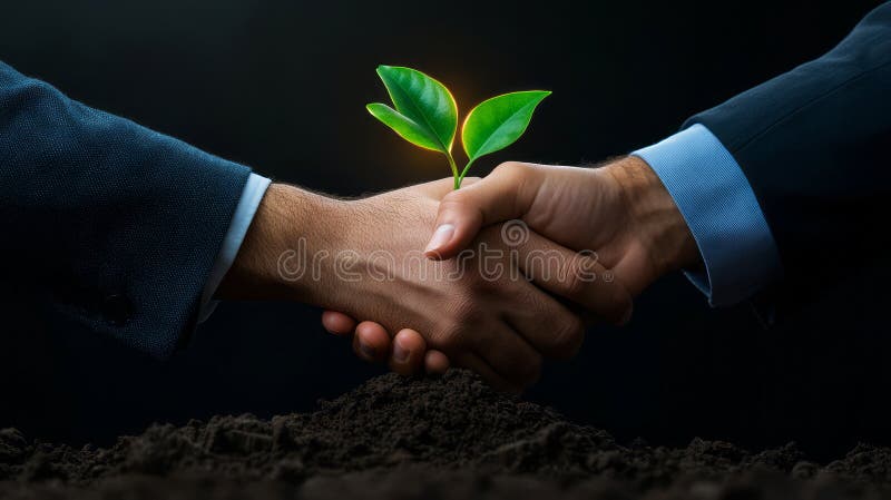Business Collaboration Symbolized by a Handshake with a Green Seedling ...