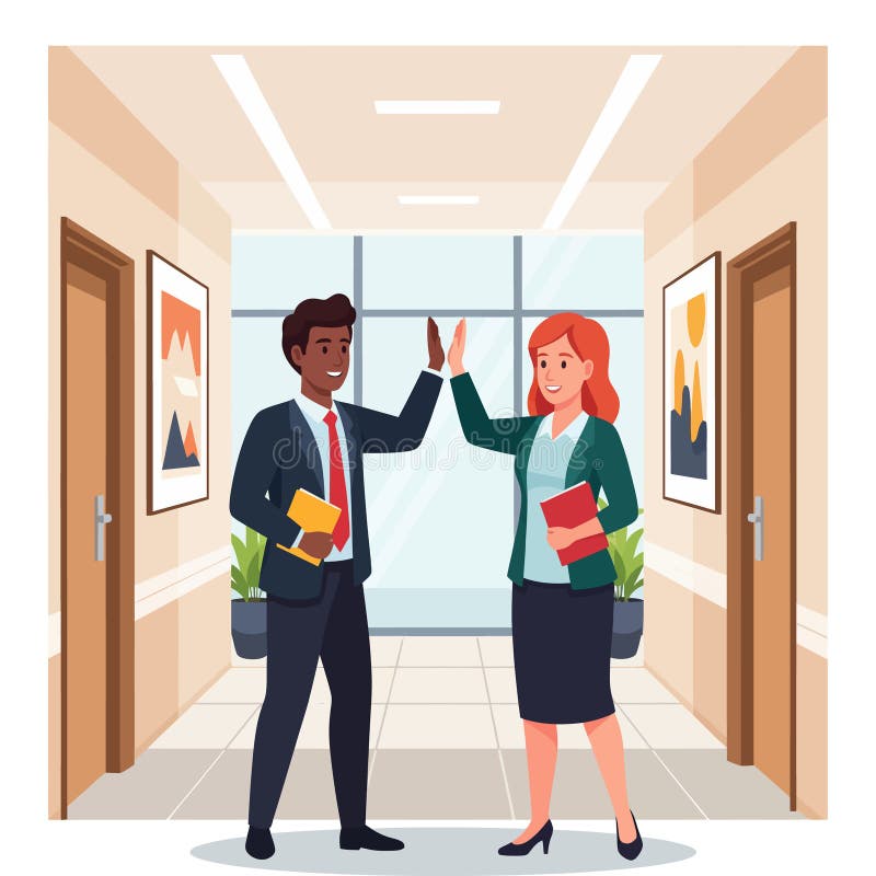 Business Colleagues Giving High Five in Office Corridor Stock Vector - Illustration of happy ...