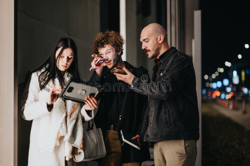 Business Colleagues Reviewing Data on Tablet at Night Outdoors Stock ...