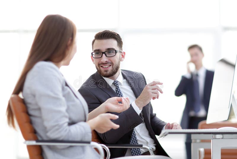Business Colleagues Talking at Their Desk Stock Image - Image of ...